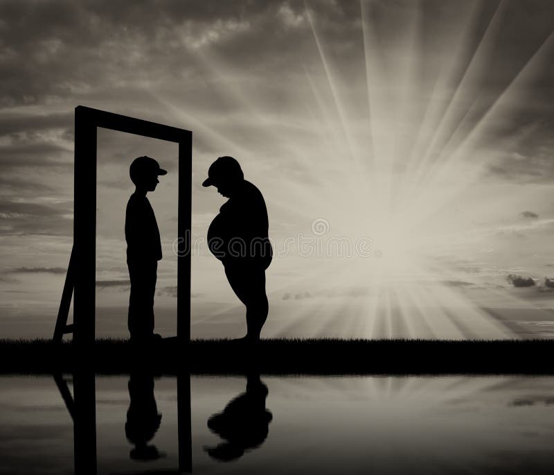 Fat Sad Man And His Reflection In The Mirror Of A Normal Man Against ... Fat Sad Man And His Reflection In The Mirror Of A Normal Man Against ...