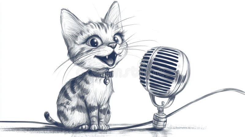 Fat Cat Joyfully Singing into a Vintage Silver Microphone Stock ...