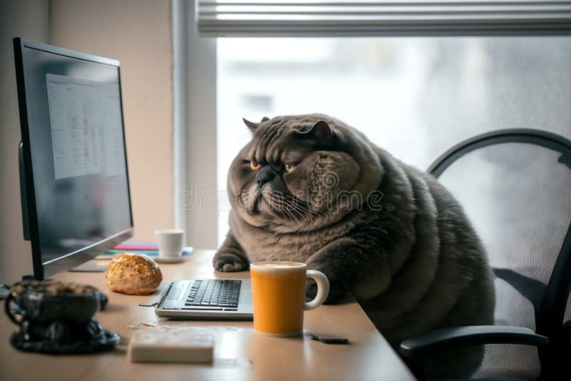 Fat Cat at Office Desk with Computer. Generative AI Stock Photo - Image ...