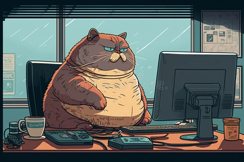 Fat Cat at Office Desk with Computer. Generative AI Stock Photo - Image ...