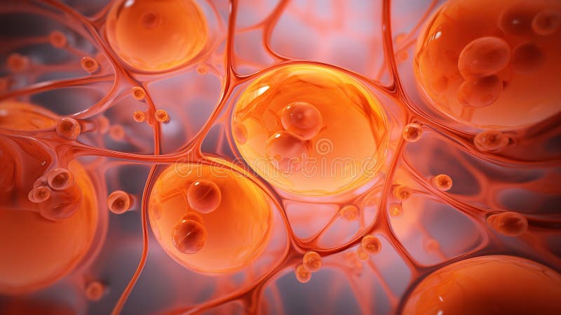 Fat Cells Adipocytes Under a Microscope with an Image of Blood Vessels ...