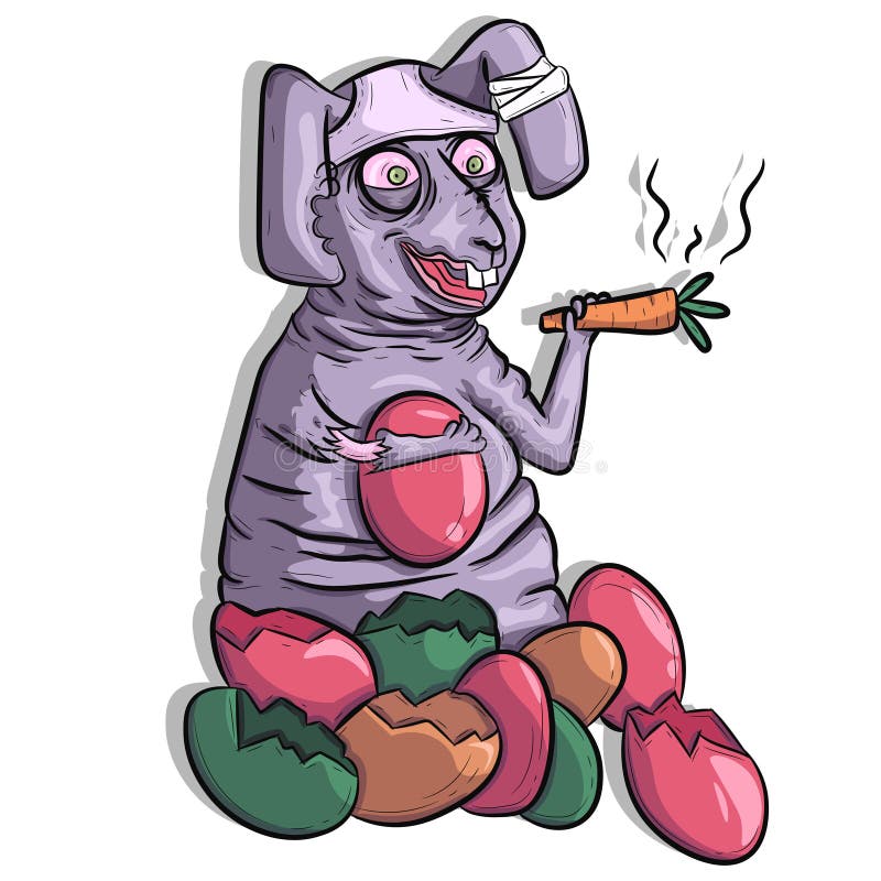 Fat Easter Bunny Sitting, Smoking a Carrot and Drinking Eggs. Funny Stoned Rabbit Conceptual Art ...