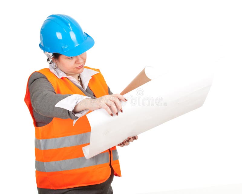 Fat Female Architect or Engineer Reading Blueprint Stock Image - Image ...