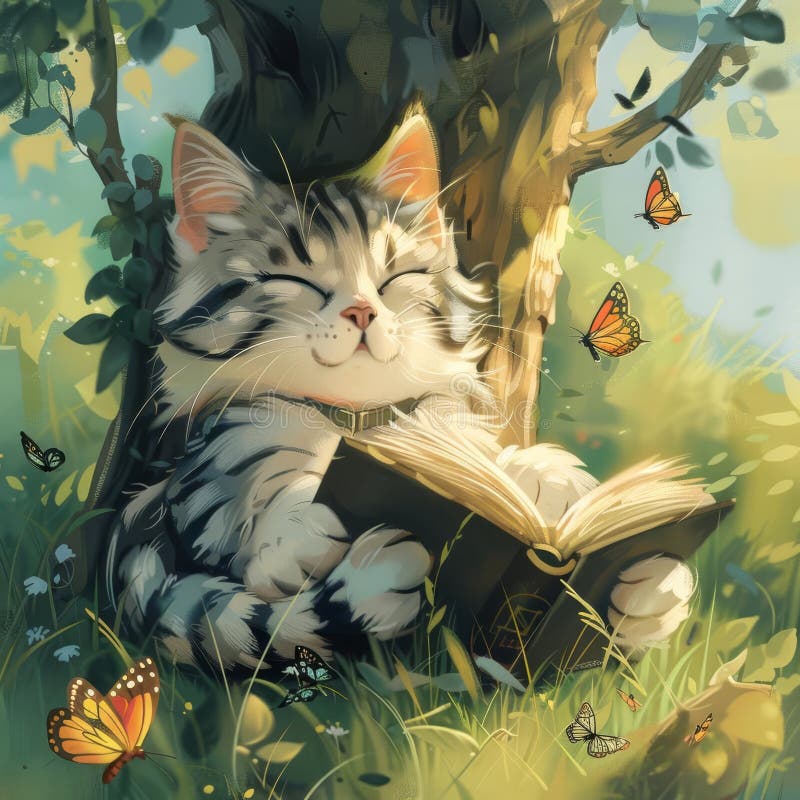 Fat Fluffy Cat Reading a Book Under Shady Tree with Butterflies in ...