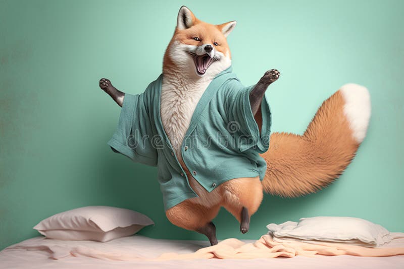 Fat Fox in a Terry Bathrobe Joyfully Dancing on Bed, Created with ...