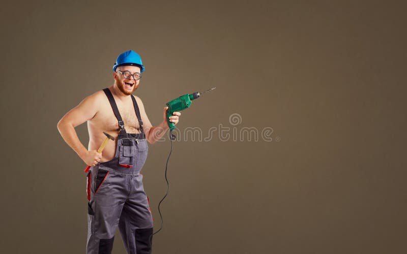 The Fat Funny Man Builder with a Drill. Stock Photo - Image of ...