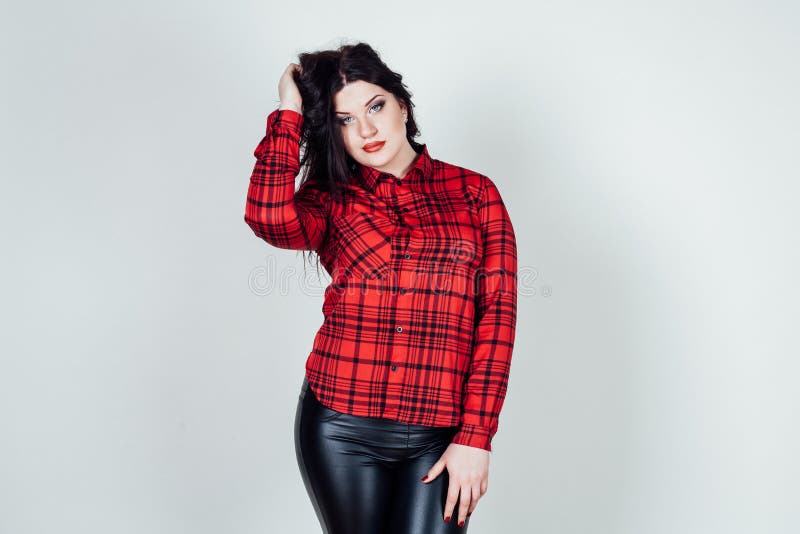 Fat Girl in a Red Shirt Posing in the Studio Stock Image - Image of ...