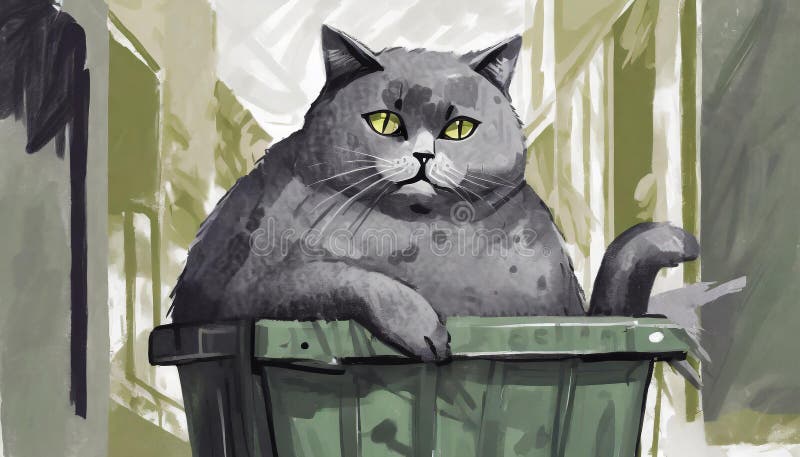 Fat Grey Dirty Cat Sitting in Garbage Bin Stock Image - Image of ...