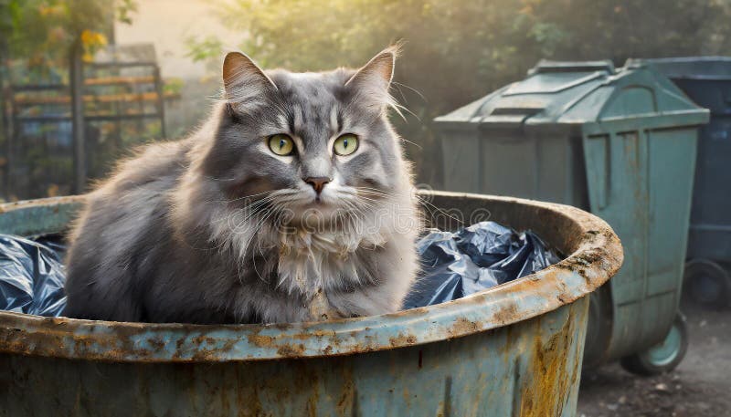 Fat Grey Dirty Cat Sitting in Garbage Bin Stock Photo - Image of life ...