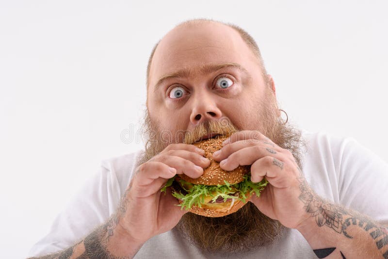 Hungry Fat Man Eating Unhealthy Food Stock Image Image Of Body