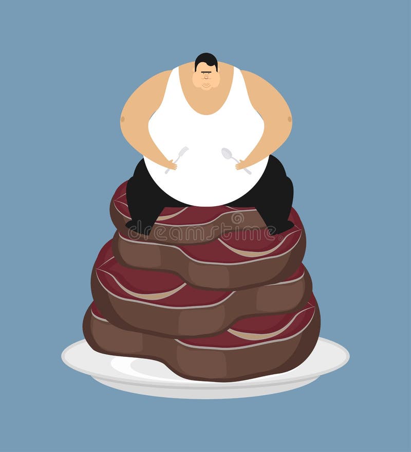 Fat Guy and Steak. Glutton Thick Man and Piece of Meat Stock Vector ...