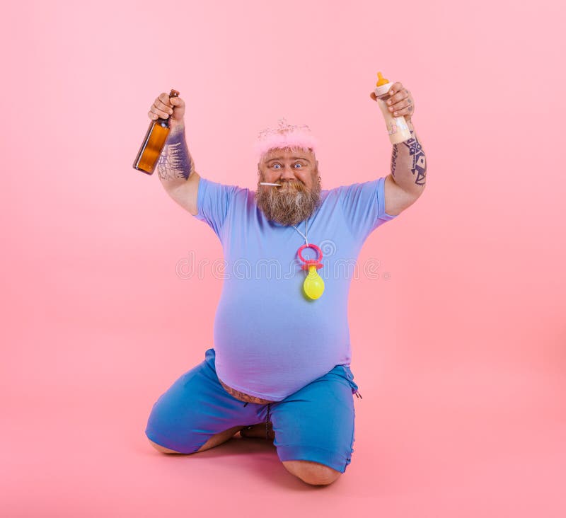 Fat Happy Man Acts Like a Happy Baby but Drinks Beer Stock Image ...