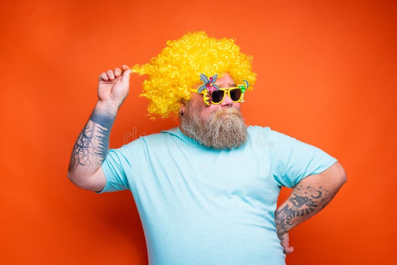 Fat Happy Man with Beard, Tattoos and Sunglasses Has Fun with the ...