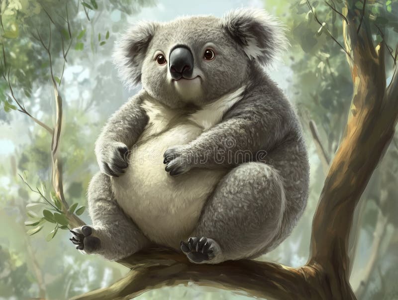 Fat Koala Sitting on a Sturdy Branch Stock Illustration - Illustration of cartoon, relaxed ...