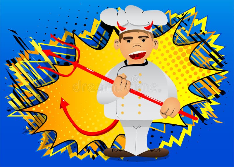 Chef in Uniform Devil with Pitchfork. Stock Vector - Illustration of ...