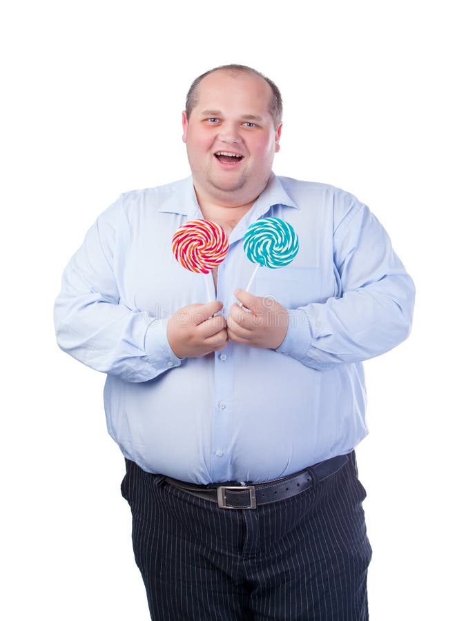 Fat Man in a Blue Shirt, Eating a Lollipop Stock Image - Image of ...