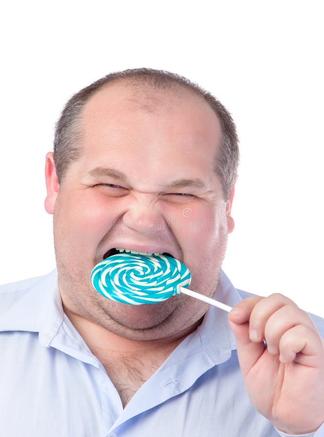 Fat Man in a Blue Shirt, Eating a Lollipop Stock Image - Image of male ...