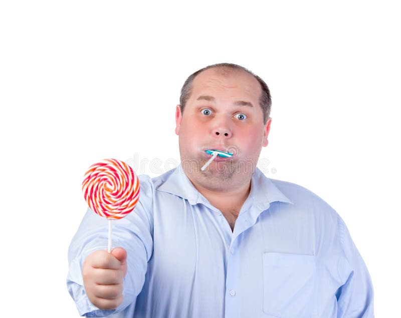 Fat Man in a Blue Shirt, Eating a Lollipop Stock Image - Image of ...
