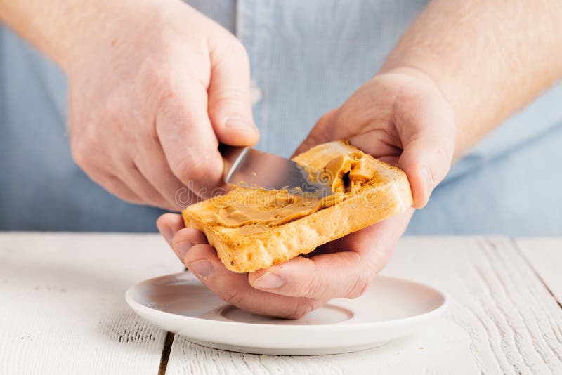 Fat Man Eat Typical High-calorie Breakfast with Toast and Peanut Butter ...