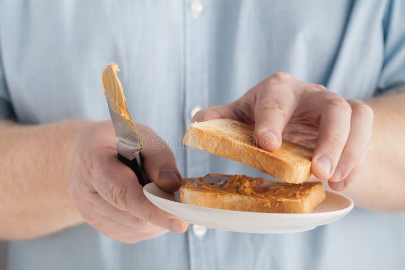 Fat Man Eat Typical High-calorie Breakfast with Toast and Peanut Butter ...