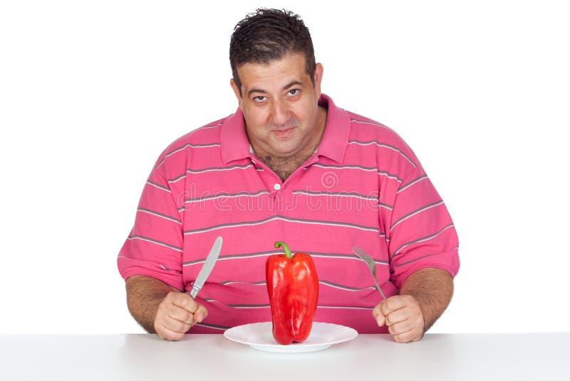 Fat Man Eating a Red Pepper Stock Photo - Image of diabetes, plate ...
