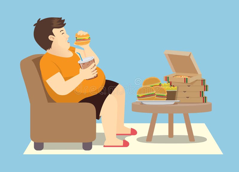 Fat Man Overeating With Many Fast Food On The Table Stock Vector