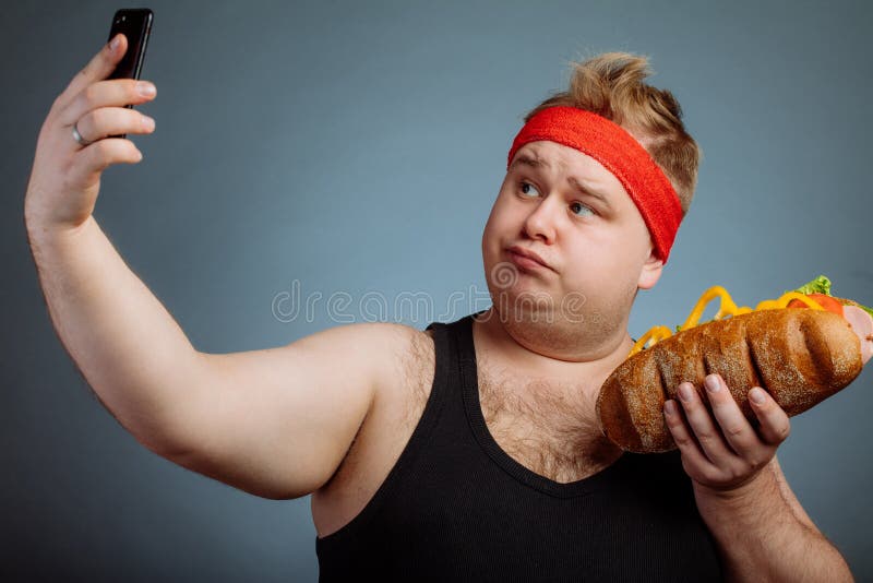 Fat Man with Sandwich in Hand Makes Selfie Stock Photo - Image of ...