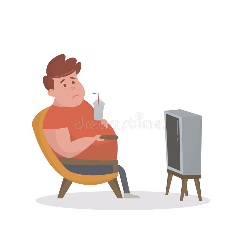 Fat Man Sitting on the Couch and Watching TV. Vector Illustration Stock ...