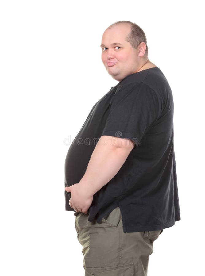 Fat Man Standing in Profile and Holding Her Belly Stock Image - Image ...