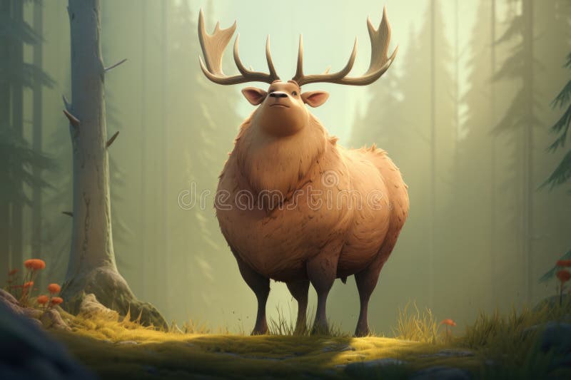 A Fat Moose is Standing in Forest. Animal Obesity. Ecology. Stock ...