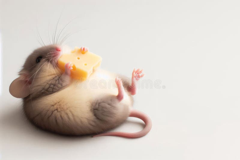 A Fat Mouse Lies on Its Back with Cheese. Space for Text. Stock Image ...