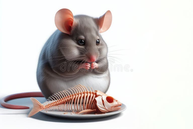 A Fat Mouse Next To a Fish Skeleton on a Plate. Space for Text. Stock ...