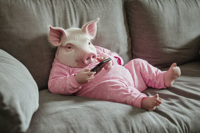 The Fat Pig is Lying on the Sofa with His Smartphone in a Pyjamas, an ...