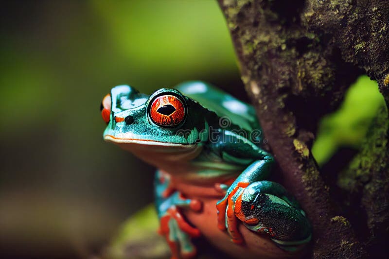 Fat Red Eyed Tree Frog Peeking Out from Behind Tree Stock Illustration ...