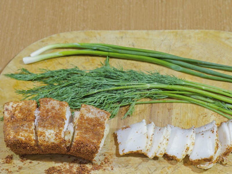 Fat with Red Pepper and Garlic with Dill and Onions Stock Photo - Image ...