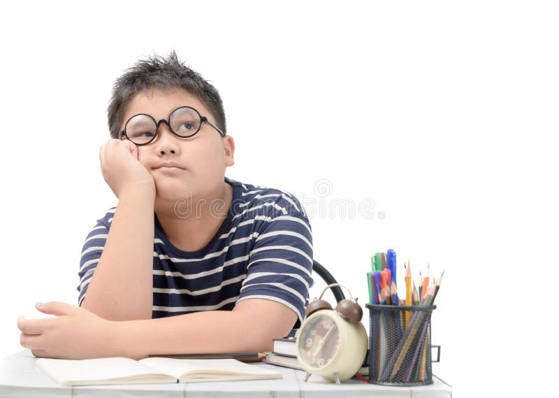Fat Student Thinking while Doing His Homework Stock Photo - Image of ...