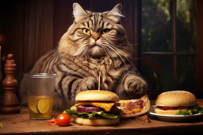 A Fat Tabby Cat Seating Behind the Table, Eating Burgers and Drinking ...
