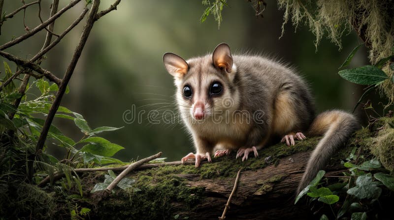 A Fat-tailed Mouse Opossum Thylamys Perched on a Moss-covered Branch ...