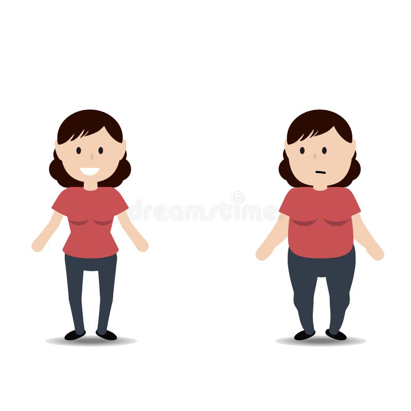 Cartoon Character Of Fat Woman And Thin Girl People Dieting Fitness
