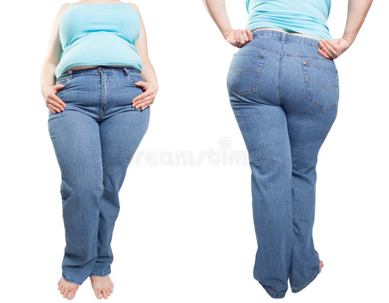Fat Woman In Blue Jeans Isolated On White Background Diet Concept