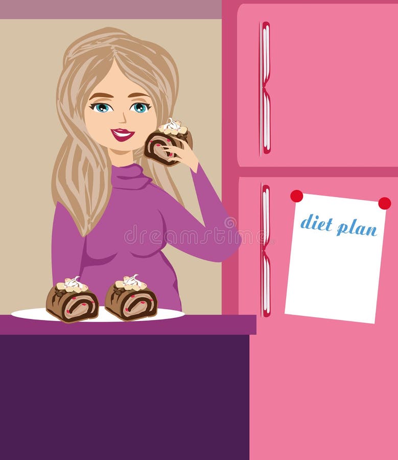 Fat Woman Eats Cake at Night Stock Vector - Illustration of female ...