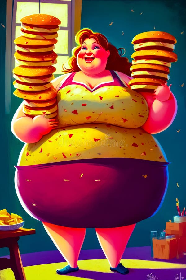 Fat Woman Holding Giant Stack of Pancakes in Front of Window ...