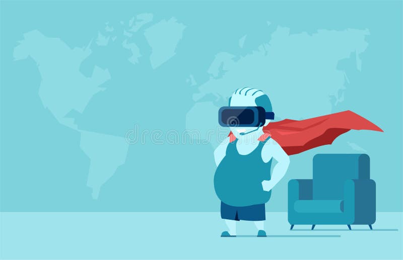 Fat Young Man with VR Glasses in a Room Imagining Being a Super Hero ...