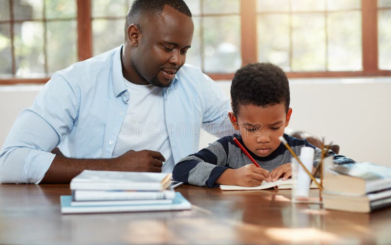 Father, Boy and Help with Homework in Home for Education, Learning and ...