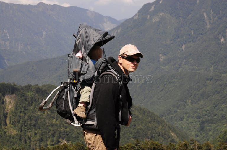 Father and Child in the Backpack Hiking Mountain Stock Image - Image of ...
