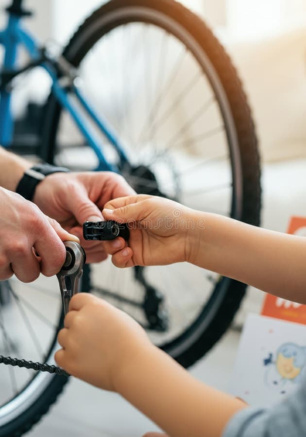 Father and Child Fixing Bicycle Together, Hands Close-up, Learning and ...