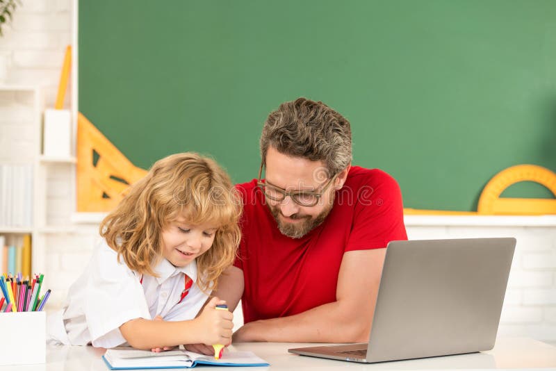 Father and Child Study in Classroom with Laptop, Knowledge Stock Image ...