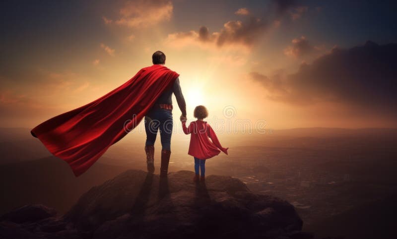 Father and Child in Superhero Capes with the Sun Light Stock Photo ...