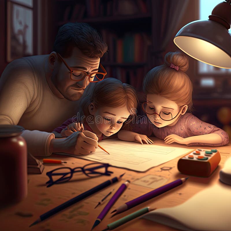 Father and Children Doing Their Homework Together at Home. 3D Rendering ...