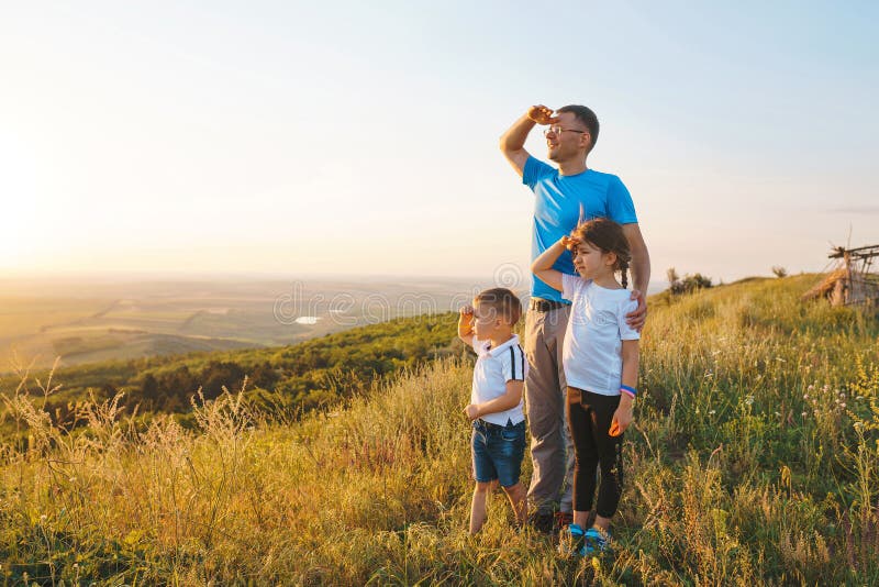 Father with Children Looking Far Away Stock Photo - Image of holiday ...